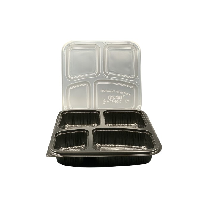 4 Compartment Food Container with Lid - Black 300pcs @ www.mqsupplies.com