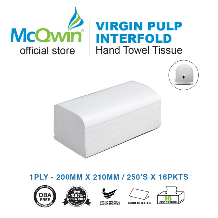 McQwin 1 Ply Interfold Hand Towel +- 250 sheets per pkt [16 pkt per ctn ...